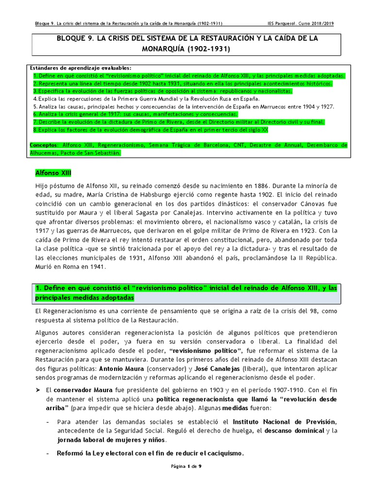 Bloque 9 Historia | PDF | España | Gobierno de españa