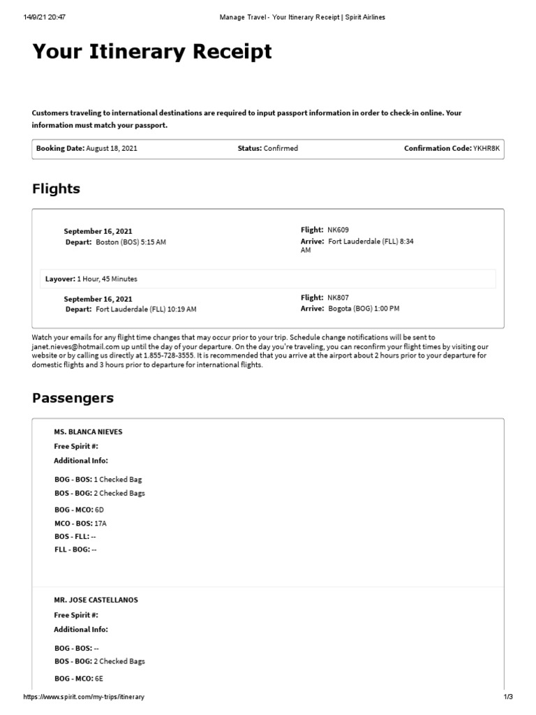 Manage Travel - Your Itinerary Receipt - Spirit Airlines | PDF | Fee | Customs