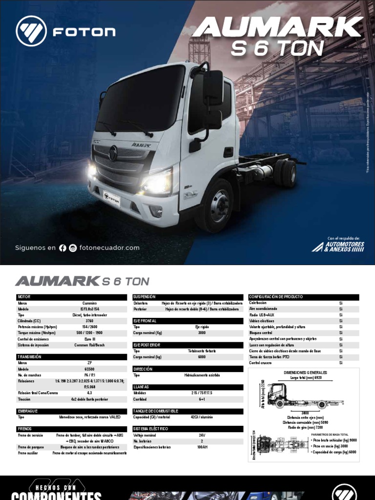 Foton Ficha Tecnica Aumark S 6 Ton V2023 | Descargar gratis PDF | Eje | Sistema de freno antibloqueo