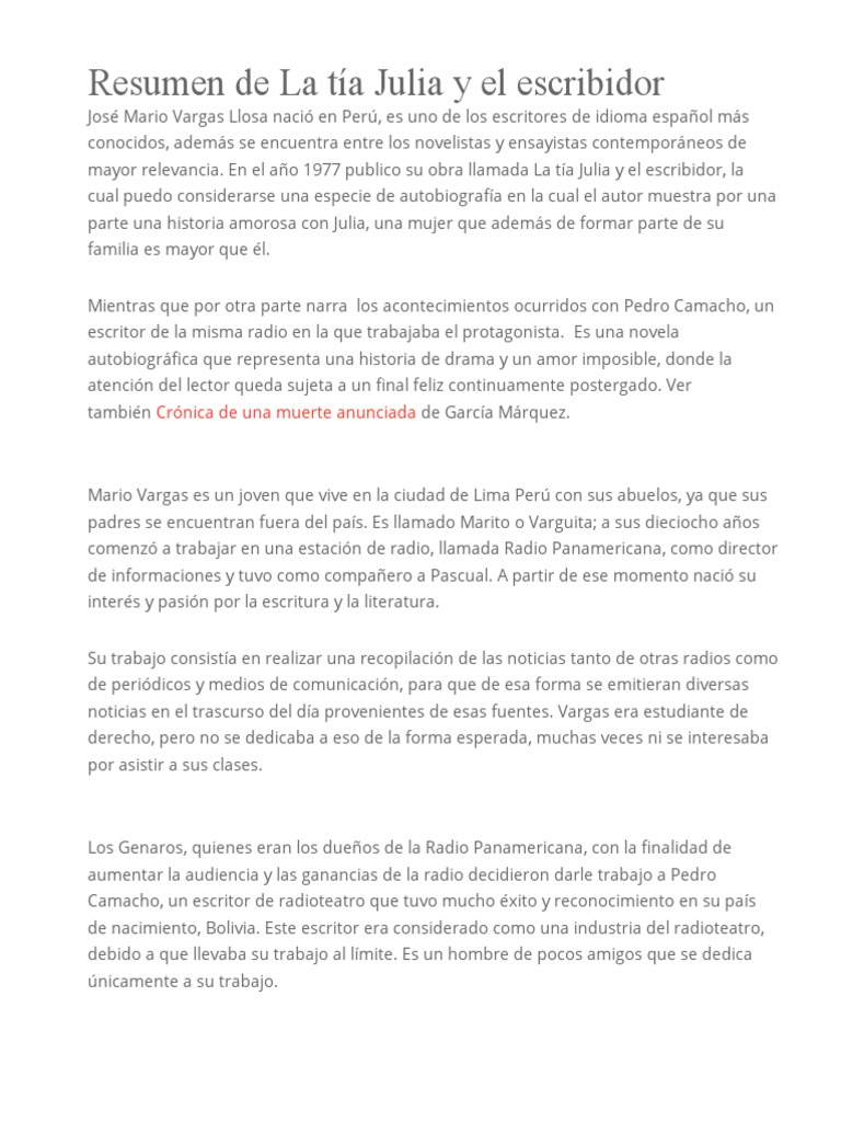 Resumen de La Tía Julia y El Escribidor | PDF
