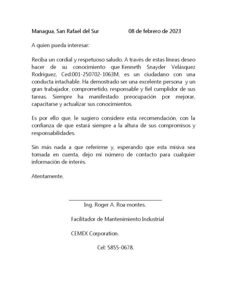 Carta de Recomendación Personal para Kenneth Snayder | PDF ...