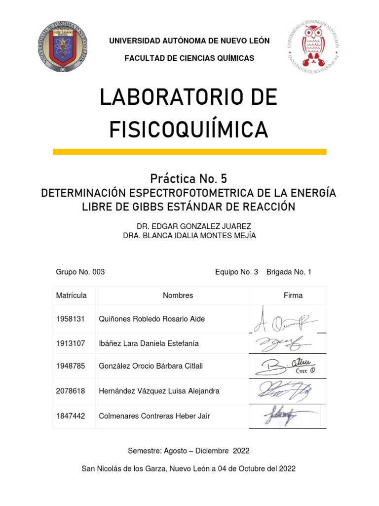 Reporte Práctica 5 Lab Fisicoquímica | PDF | Energía libre de Gibbs | Reacciones químicas