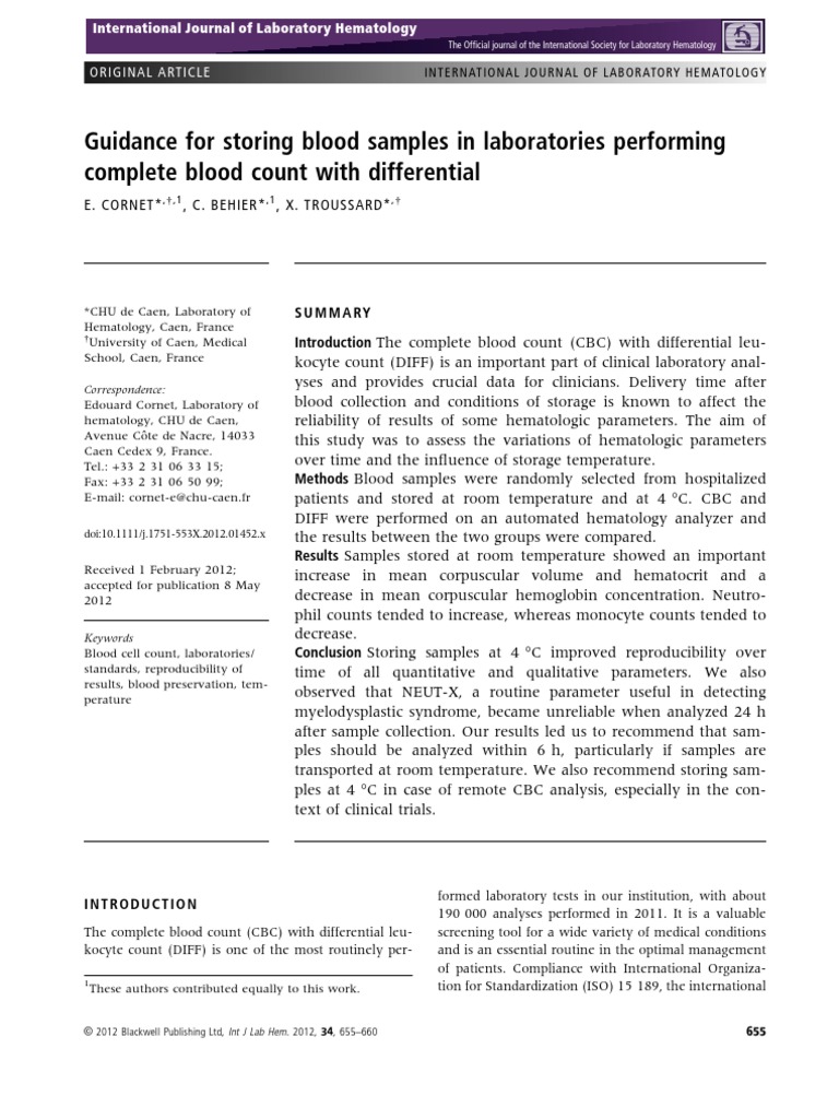 Guidance For Storing Blood Samples in Laboratories Performingcomplete Blood Count With ...