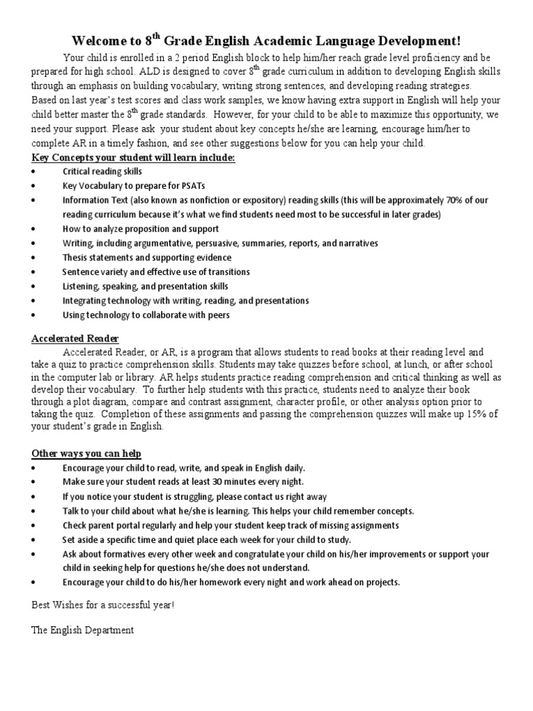 8th Grade English ALD With Spanish | PDF | Learning Methods | Linguistics