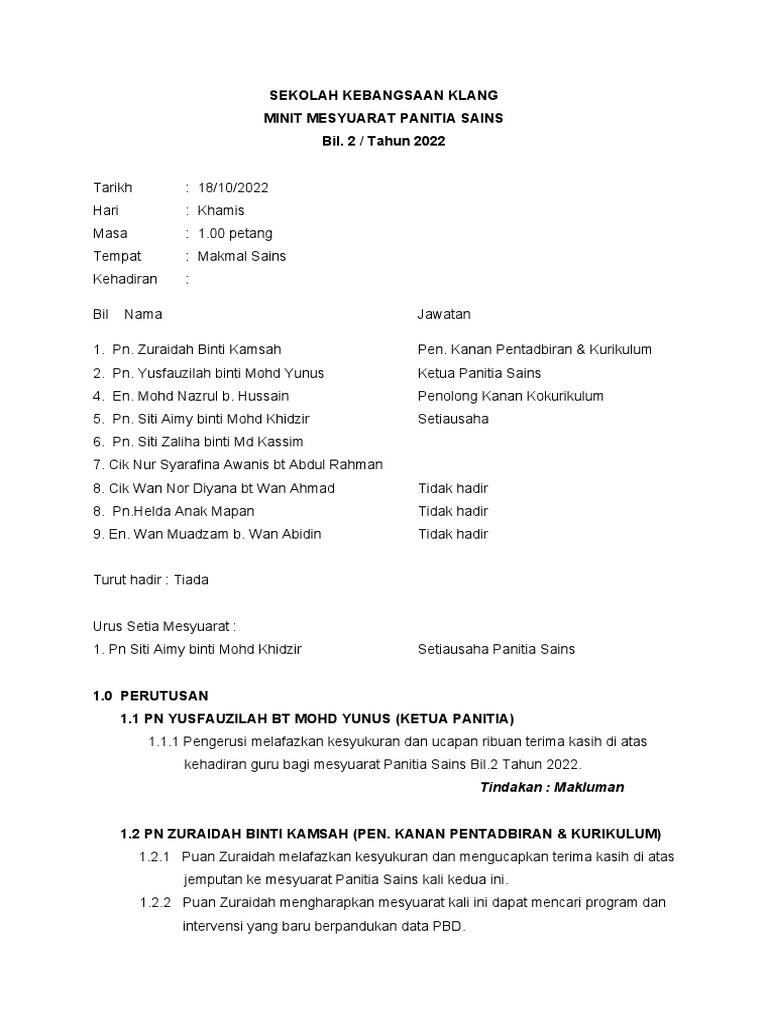 Minit Mesyuarat Panitia Sains Bil 2 - 2022 | PDF