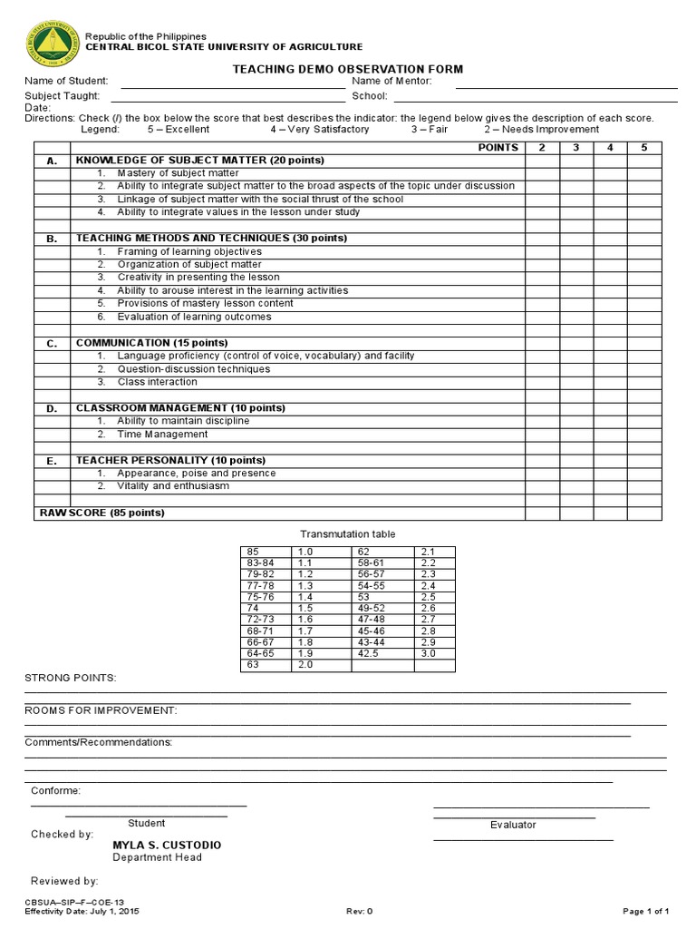 F 13 Teaching Demo Observation | PDF | Teachers | Behavior Modification