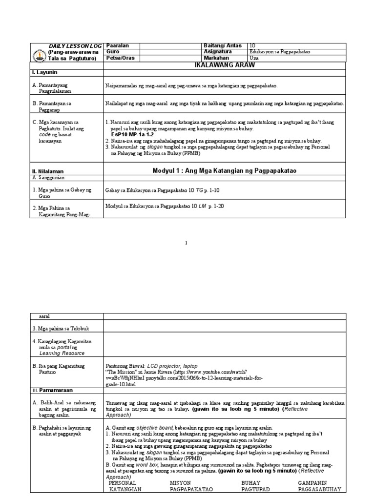 DLL-ESP10-Module-1 - 2 Ang Mga Katangian NG Pagpapakatao | PDF