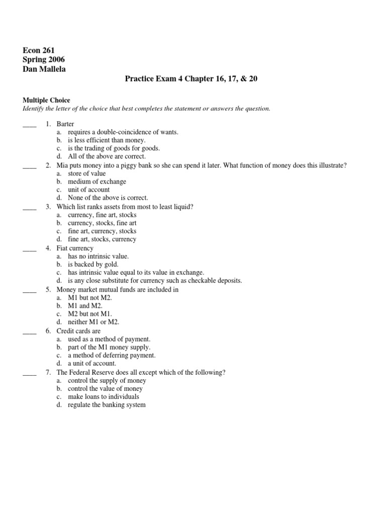 Mallela Econ 261 Practice Exam 4 | PDF | Economic Equilibrium | Inflation