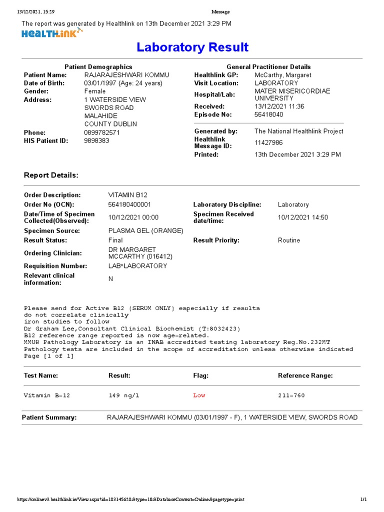 B12 R Kommu Report | PDF | Vitamin B12 | Medical Specialties