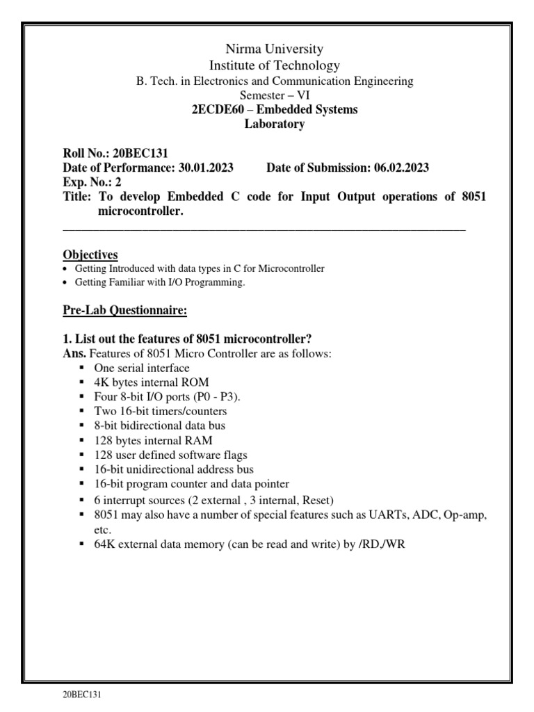 20bec131 Exp2 | PDF | Microcontroller | Computer Engineering