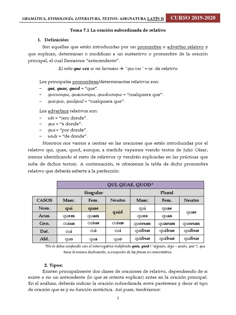 Tema 7.1_ La Oración de Relativo | PDF | Oración (Lingüística) | Asunto ...