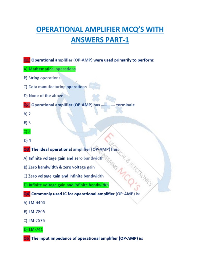 Operationl Amplifier MCQ P1 Watermark | PDF | Operational Amplifier | Amplifier