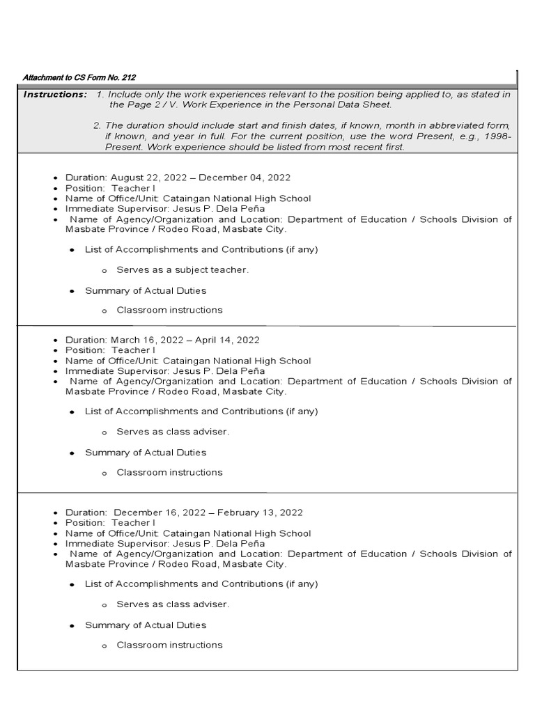 Work Experience Sheet | Download Free PDF | Behavior Modification ...