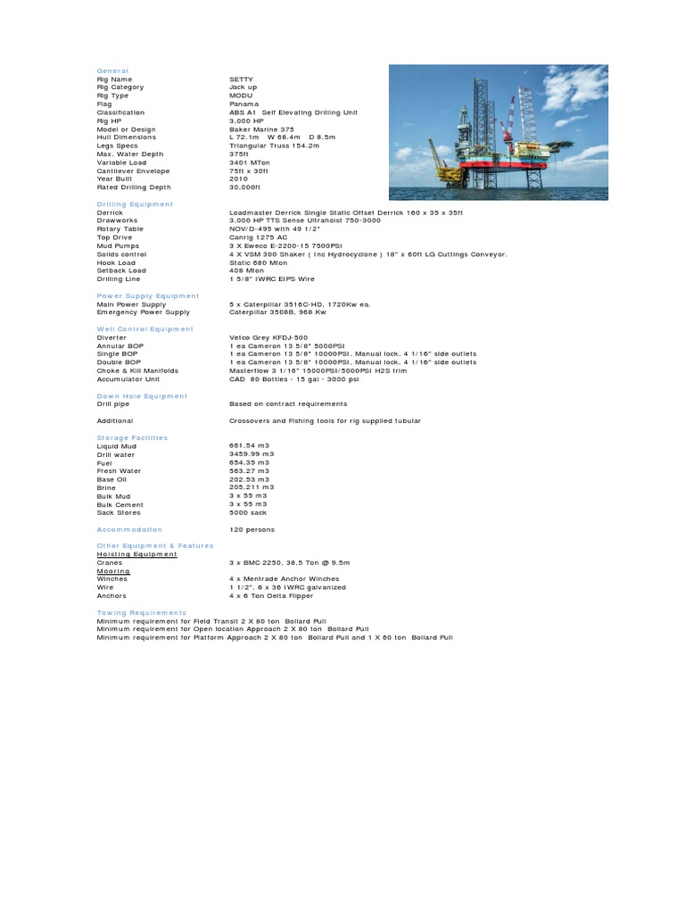 Jack up Rig SETTY Equipment and Specs | PDF | Manufactured Goods