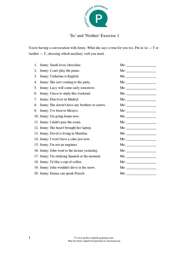 So Too Neither Either Exercise 1 | PDF