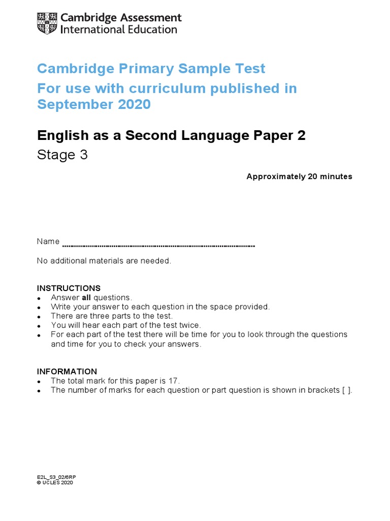 English As A Second Language Stage 3 Sample Paper 2 - tcm142-595043 ...