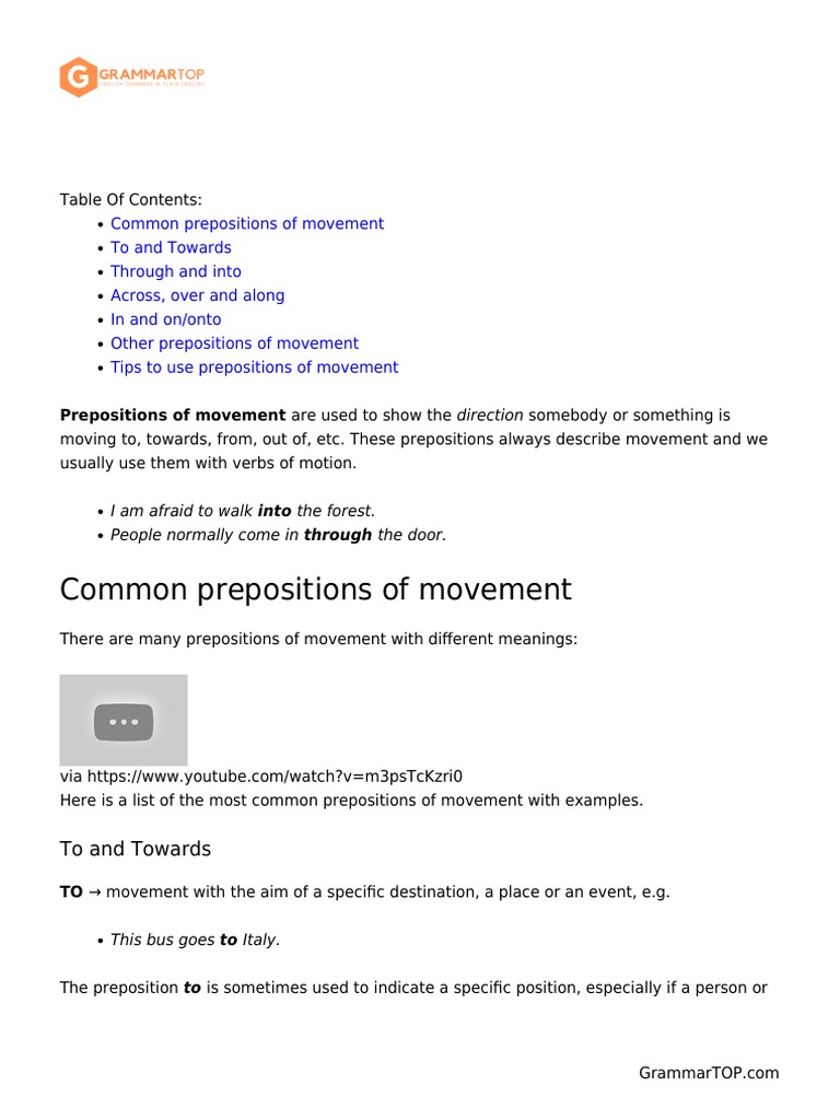 Prepositions of Movement | PDF | Preposition And Postposition | Linguistics