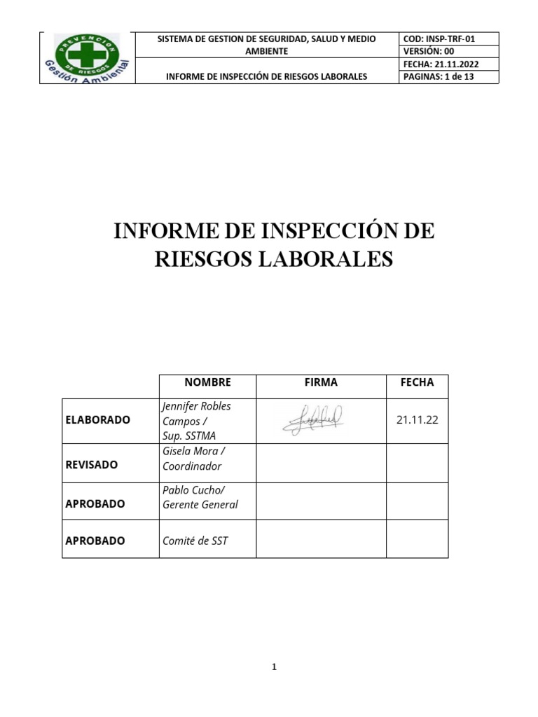 Informe De Inspección De Riesgos Laborales Trefisa Srl Pdf Riesgo
