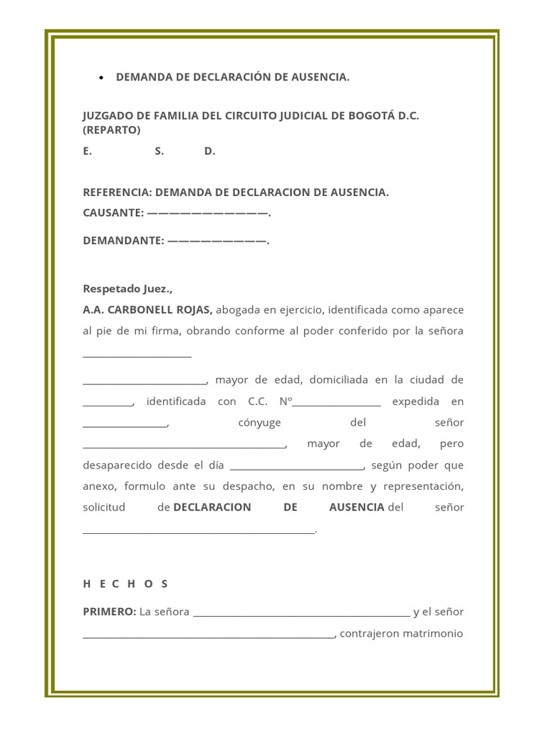 Demanda de Declaración de Ausencia | PDF | Gobierno | Principios éticos Demanda de Declaración de Ausencia | PDF | Gobierno | Principios éticos