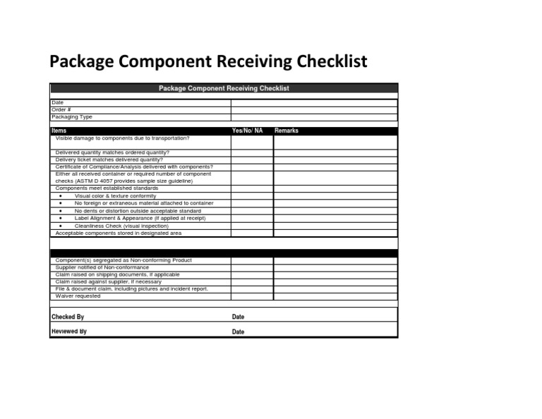 Package Component Receiving Checklist | PDF