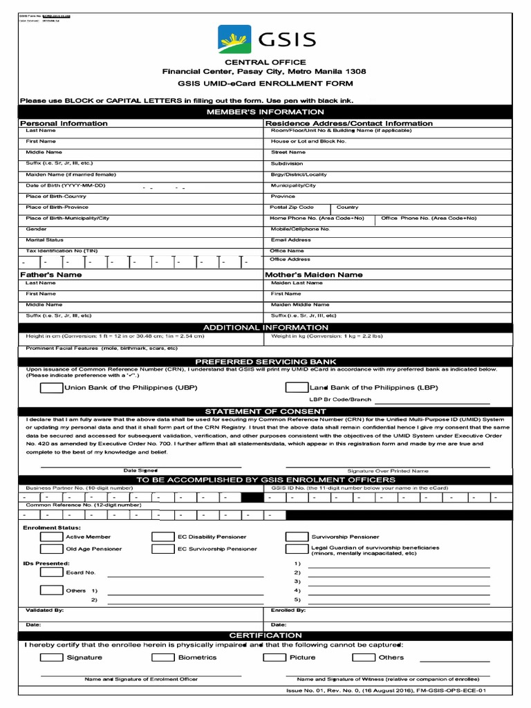UMID - Ecard - Enrollment Form - ECRD 2010 01 001 | PDF | Privacy ...