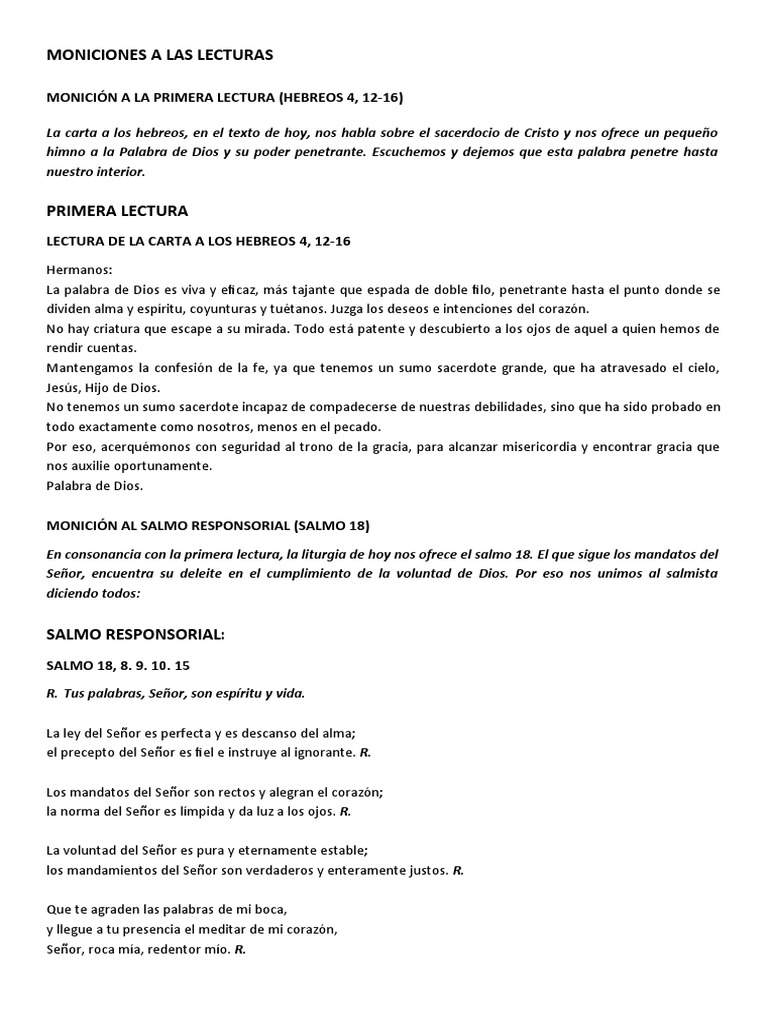 Moniciones A Las Lecturas y Ofrendas | PDF | Misa (liturgia) | Pecado