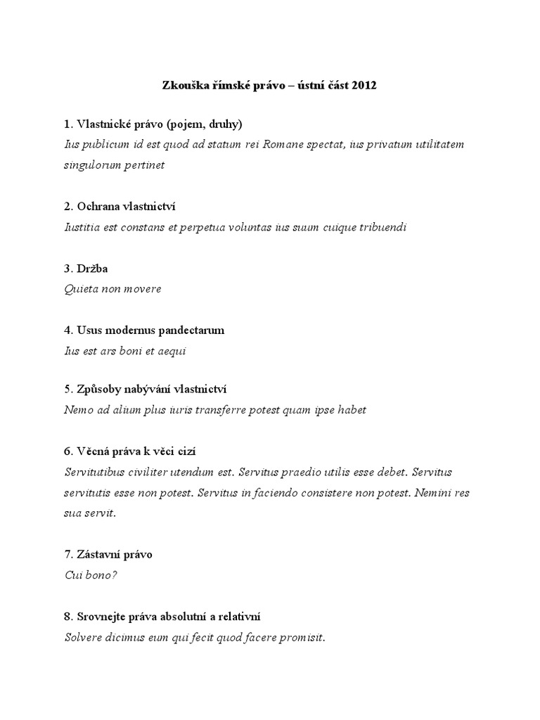 Zkouska Rimske Pravo Ustni Otazky 2012 | PDF Zkouska Rimske Pravo Ustni Otazky 2012 | PDF
