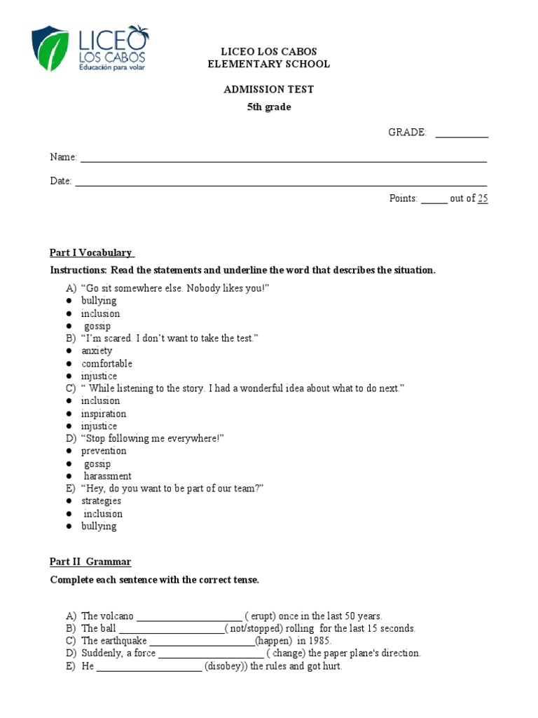 (2021 Version) 5th Grade - English - Admission Test | PDF | Water ...