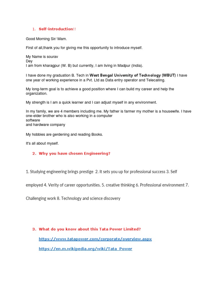 Self-introduction interview questions | PDF | Steam | Power Station