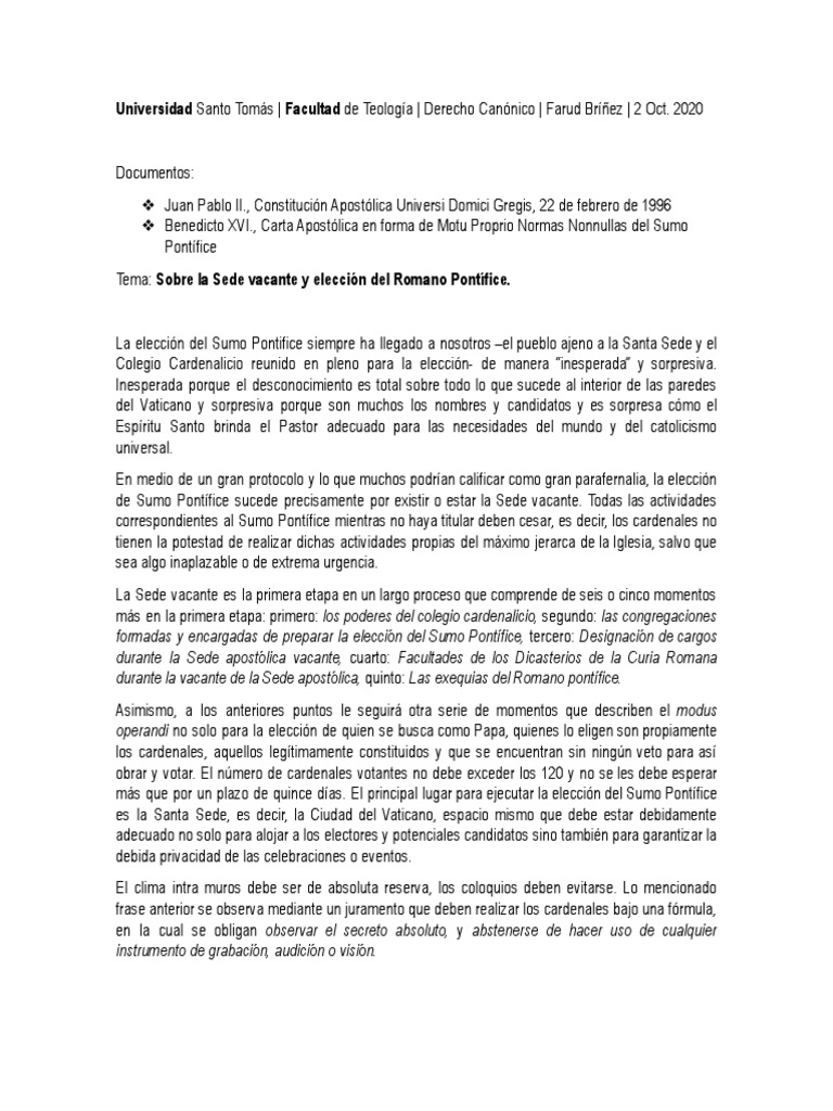 Sobre La Sede Vacante y Elección Del Romano Pontífice. | PDF | Papa ...