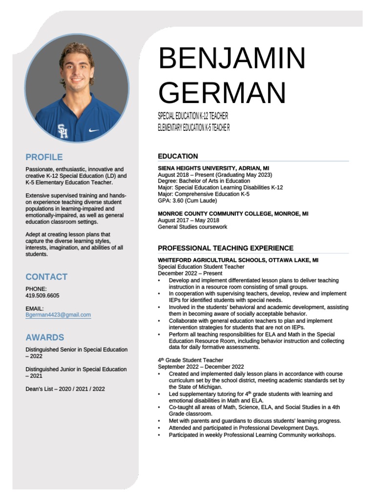 benjamin german resume 1 | PDF | Special Education | Teachers
