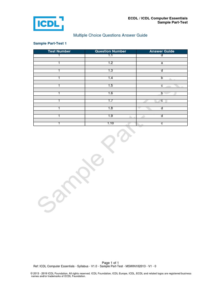 ICDL Computer Essentials Sample Part-Test Answer Guide-WIN102013 | PDF