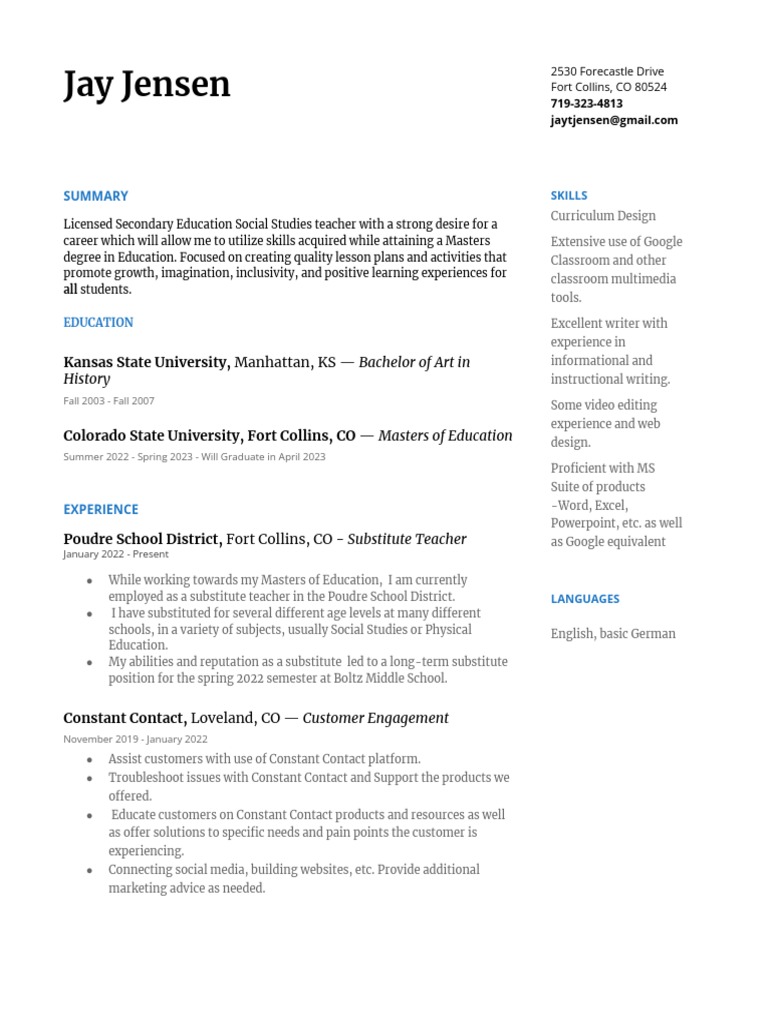 Jay Jensen Resume | PDF | Sales | Teachers