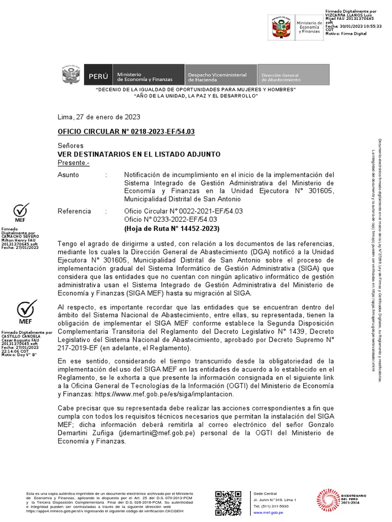OFICIO CIRCULAR N 0218 2023 EF 54.03 | PDF
