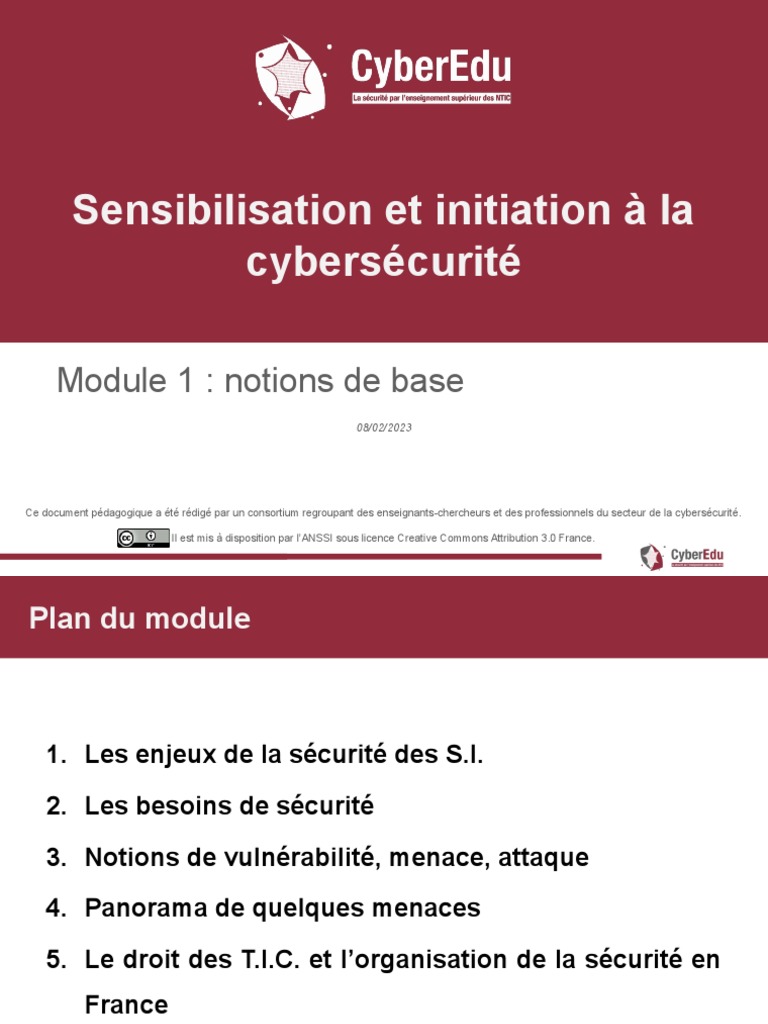 Cyberedu Module 1 Notions de Base | PDF | Sécurité | Sécurité des systèmes d'information
