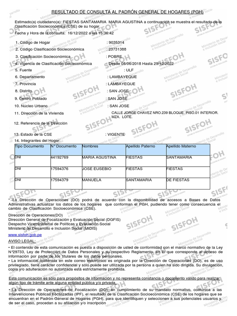 Resultado de Consulta Al Padrón General de Hogares (PGH) | Descargar gratis PDF | Gobierno