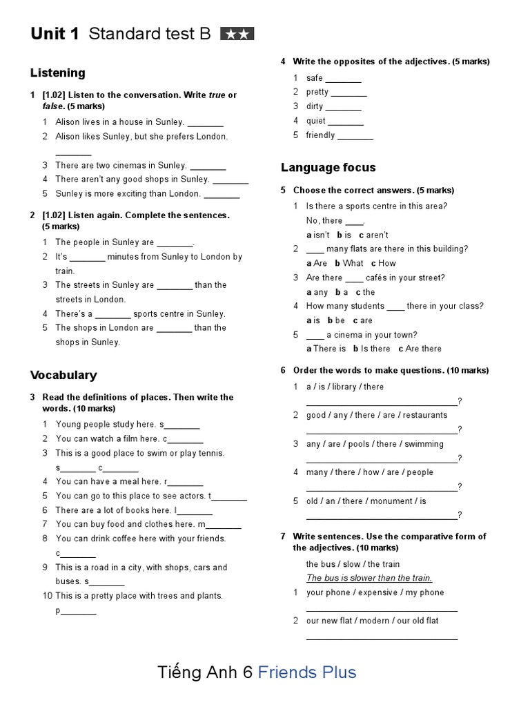 Anh 6 Friend Plus Unit Test Unit 1 Standard Test B Pdf Cognitive