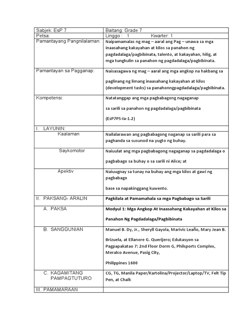Lesson Plan - EsP7 - Q1 - Session1 | PDF