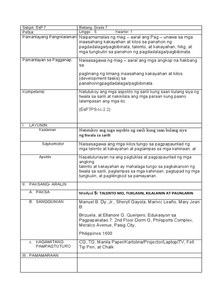 Lesson Plan - EsP7 - Q1 - Session5 | PDF