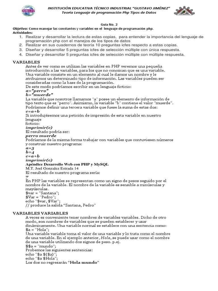 Guia No. 2 Teoria Manejo de Variables y Constantes en PHP | PDF | Php ...