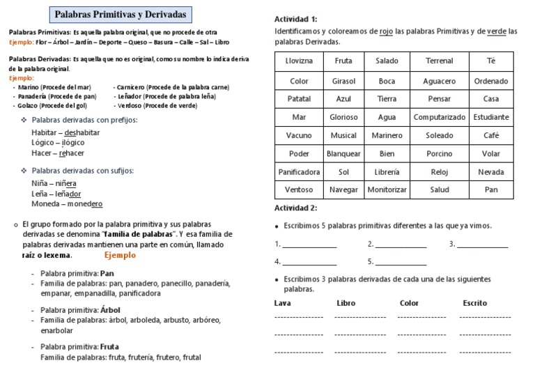 Tema 7-Palabras Primitivas y Derivadas - 5to | PDF | Comida y bebida ...