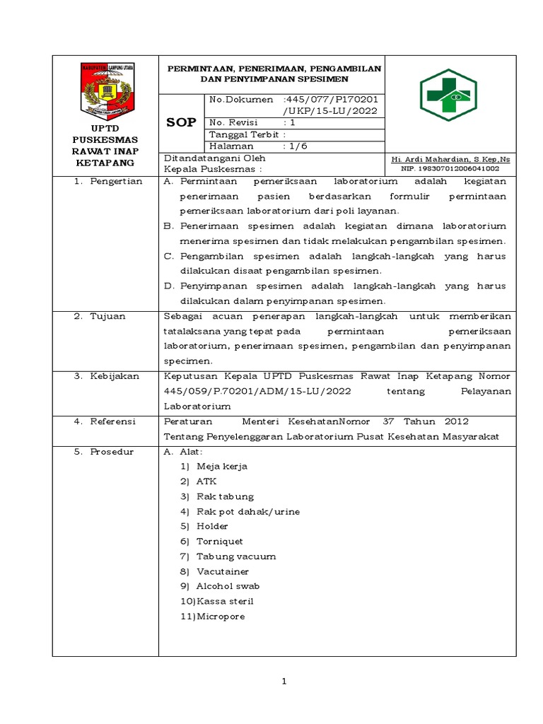 Ep. 1 - SOP Permintaan, Pemeriksaan, Penerimaan Spesimen, Pengambilan Dan Penyimpanan Spesimen | PDF