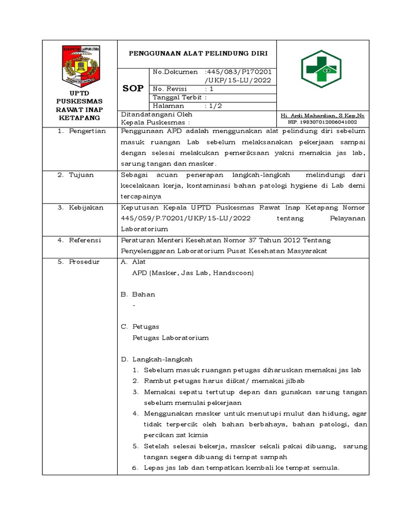 SOP Penggunaan APD di Laboratorium | PDF | Kesehatan Holistik | Sains ...