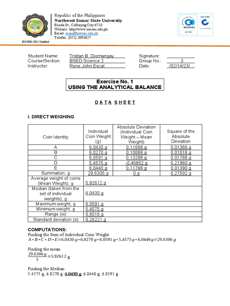 Diomangay - Tristan - BSED Science 2 - AnaChem Lab 1 Alter | PDF | Mole (Unit) | Chemistry