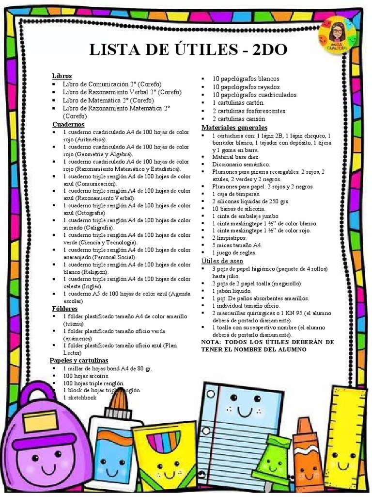 LISTA DE UTILES 2DO Grado - 2023 | PDF | Matemáticas