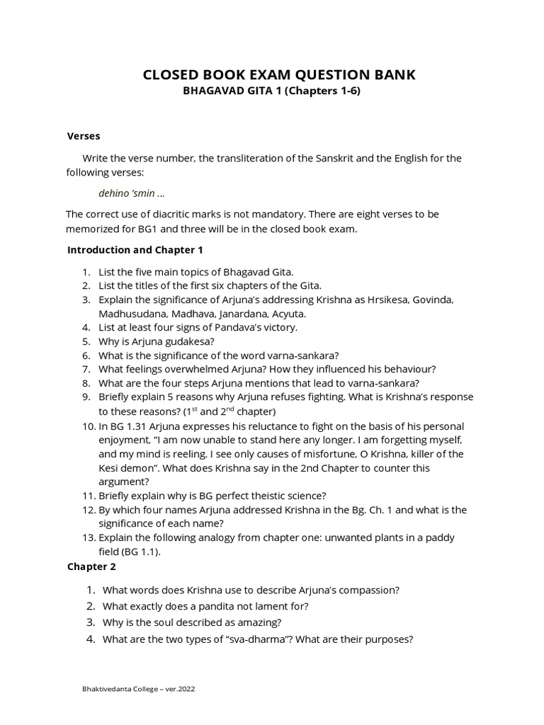 BG1 Closed Book Exam Question Bank v2022 | PDF | Bhagavad Gita | Krishna