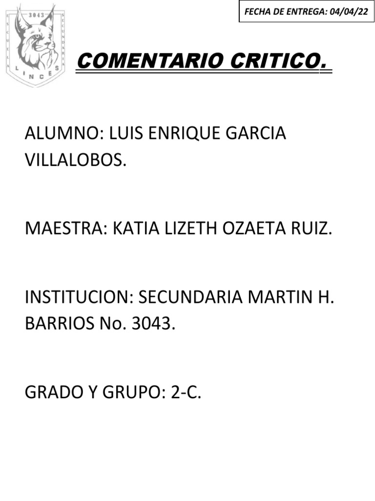 Portada de Comentario Critico Tranquilito | PDF Portada de Comentario Critico Tranquilito | PDF
