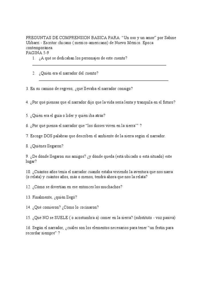 Preguntas de comprensión: "Un oso y un amor" | PDF | Ficción general