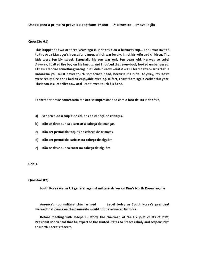 Interpretação de Texto: Prova 1º Ano | PDF