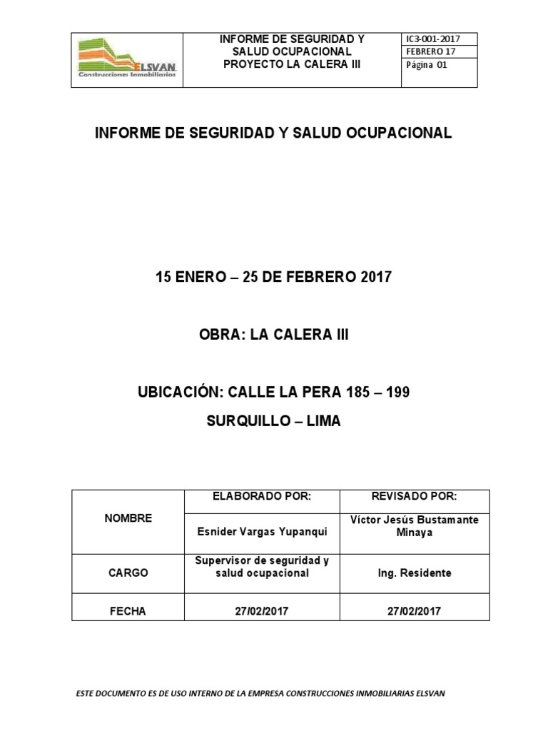 Informe de Seguridad Y Salud Ocupacional Proyecto La Calera Iii | PDF | Seguridad y salud ...
